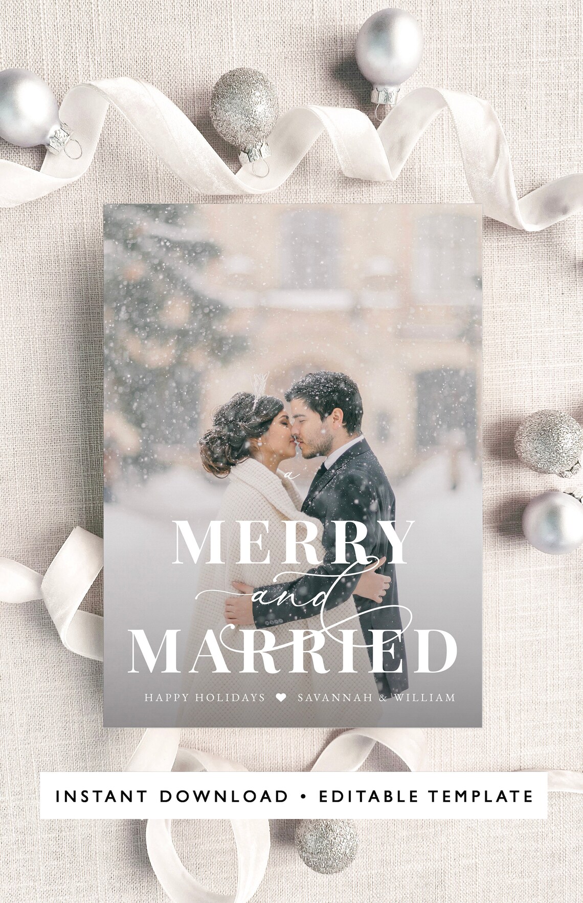 Just Married Christmas Card Photo Template Merry and Married - Etsy