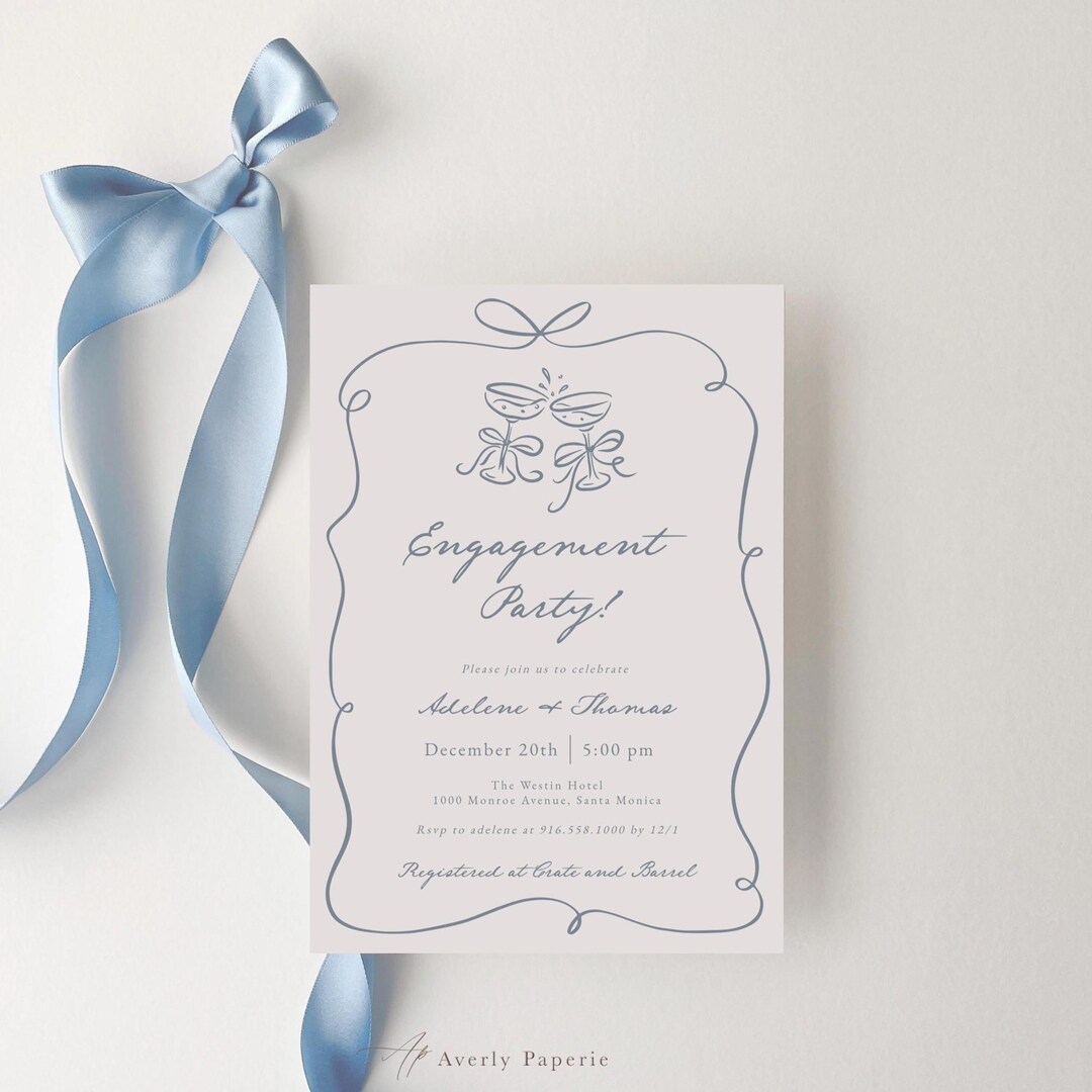 Hand Drawn Engagement Invitation Template, Dusty Blue Engagement Party ...