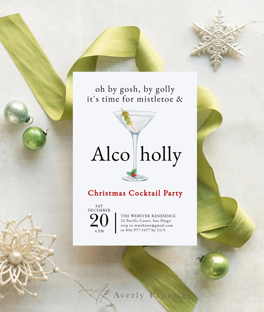 Christmas Cocktail Party Invitation Template, Time for Mistletoe and ...