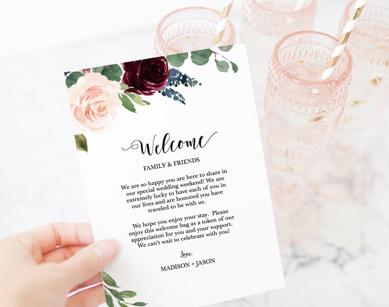 Burgundy Floral Wedding Welcome Letter Template & Weekend - Etsy