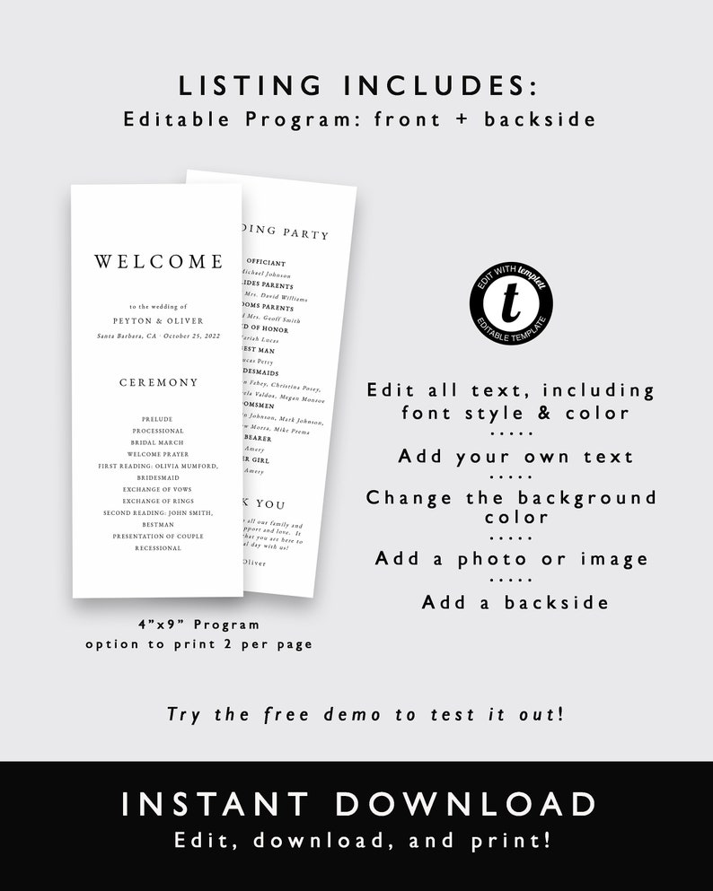 Simple Wedding Program, Elegant Modern Program Template for Wedding 9x4 ...