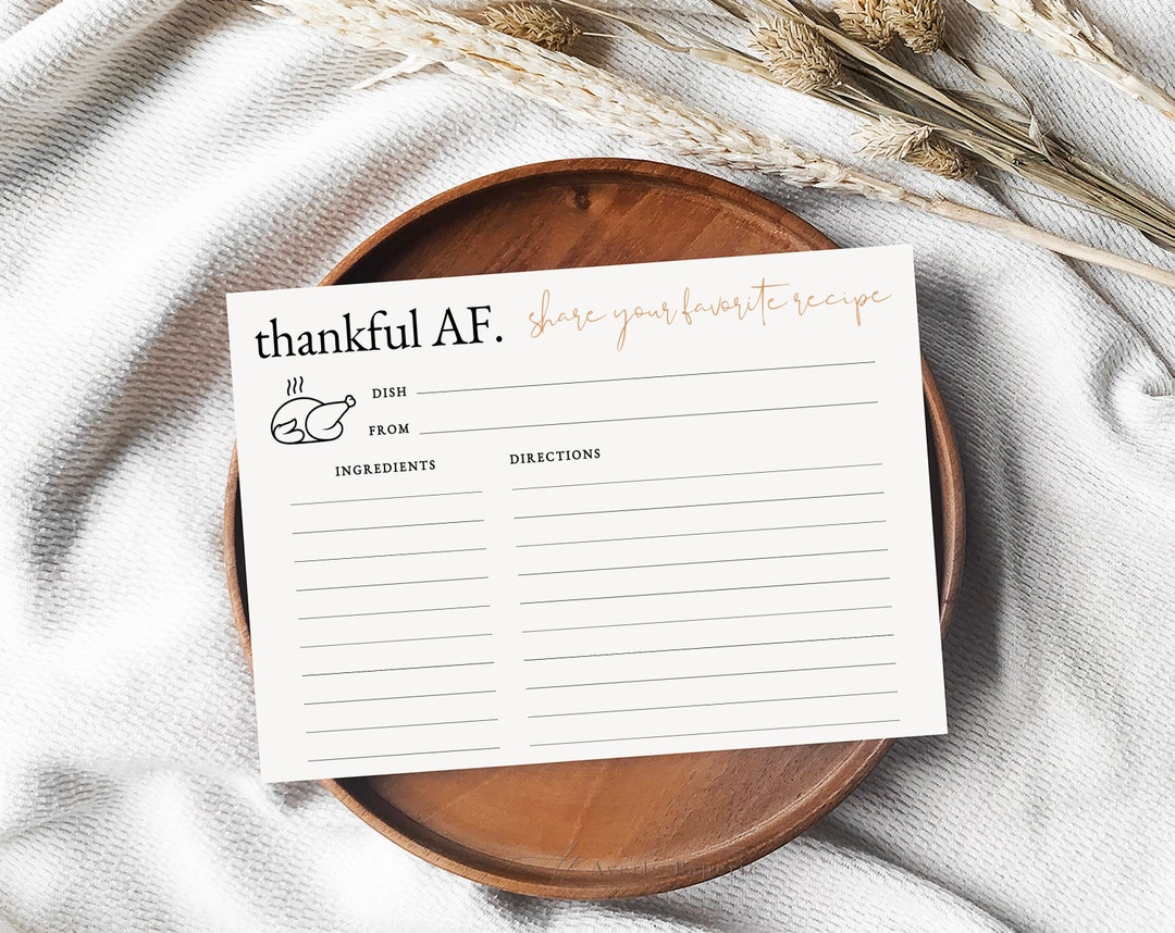 Printable Friendsgiving Thankful AF Recipe Card, Modern Funny ...