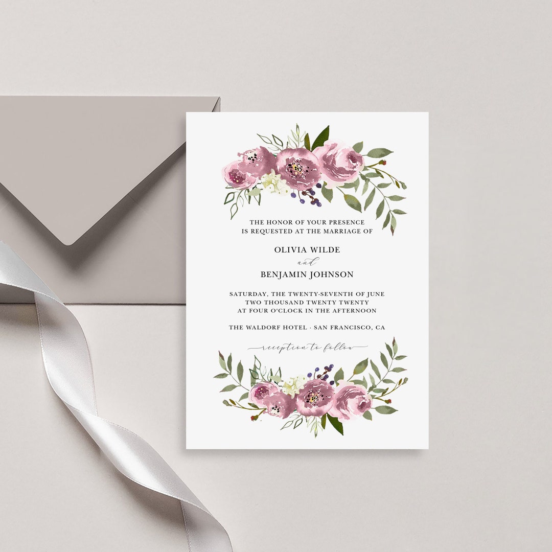 Mauve Wedding Invitation Template, Greenery Wedding Invitation With ...