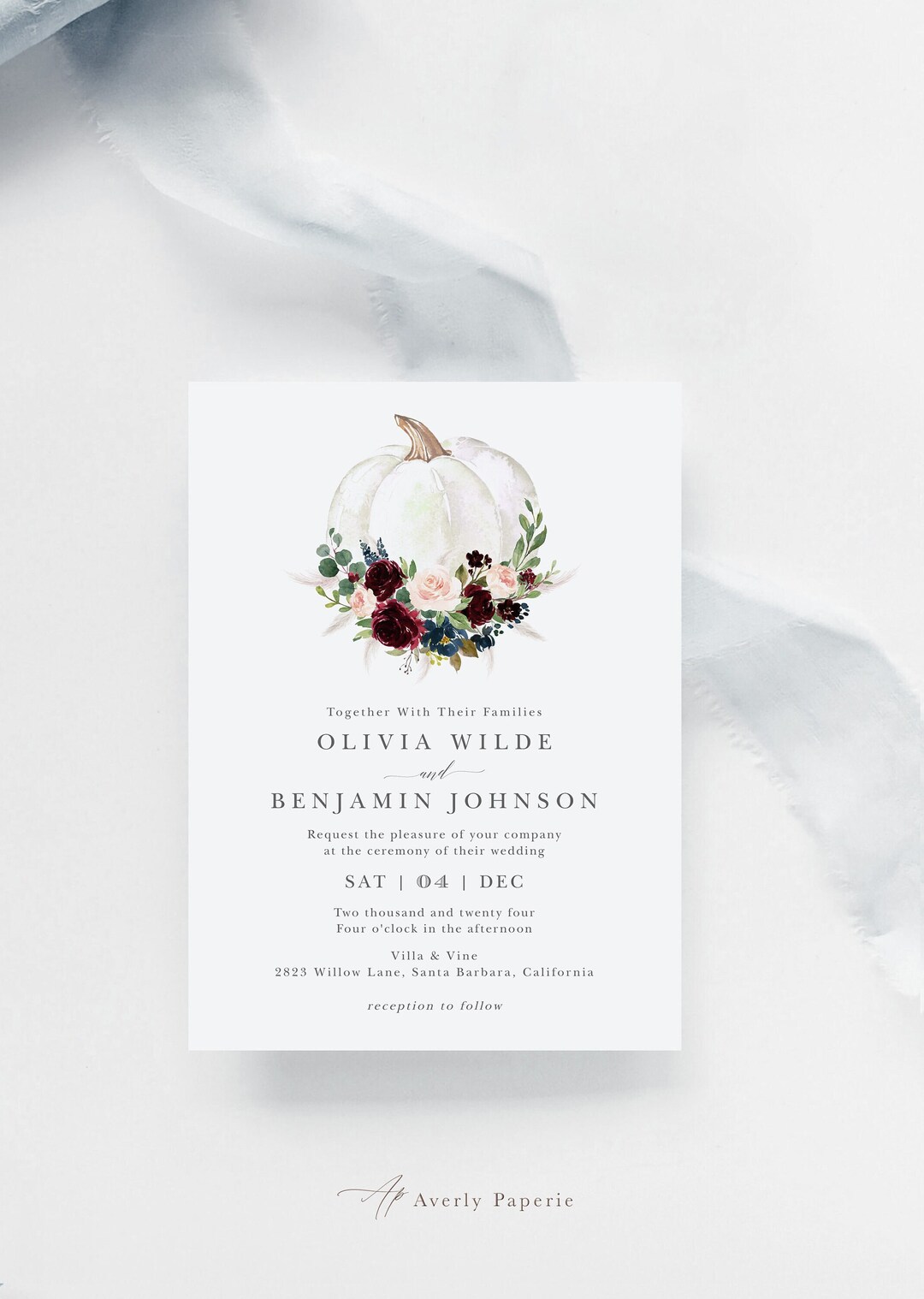 Boho Pumpkin Wedding Invitation Template, Fall Wedding Invitation With ...