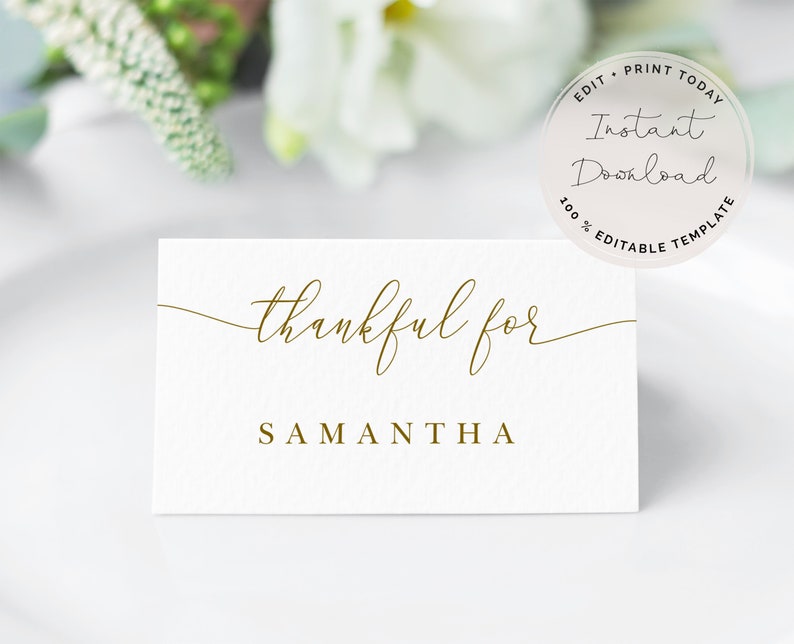 Friendsgiving Place Card Template, Modern Thanksgiving Placecard Gold ...