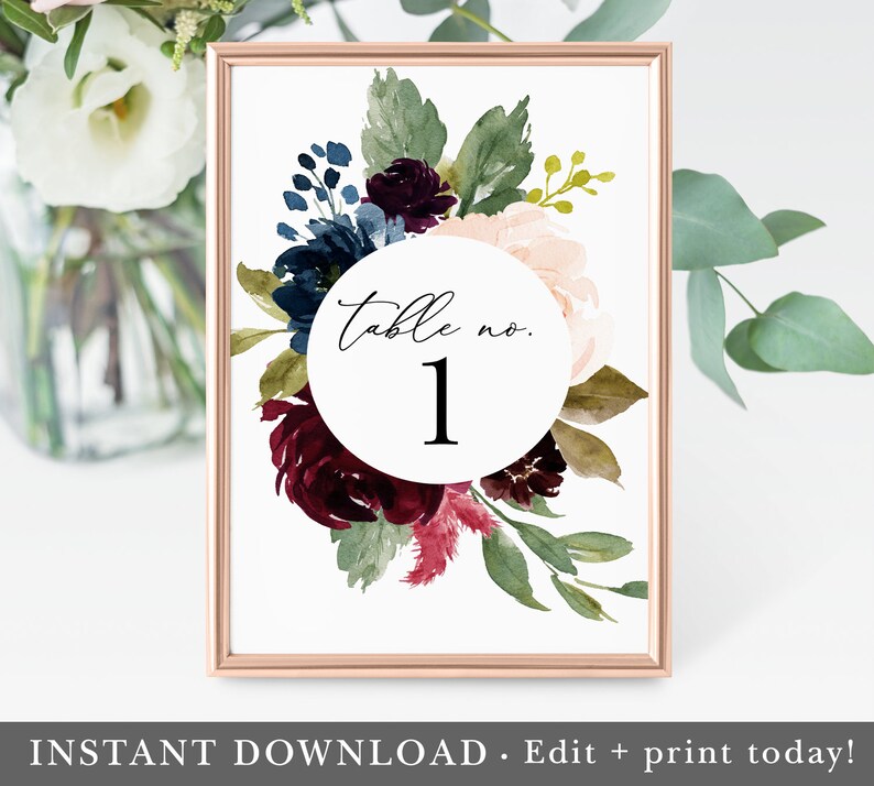 Navy Table Numbers Template Navy and Burgundy Printable Table | Etsy