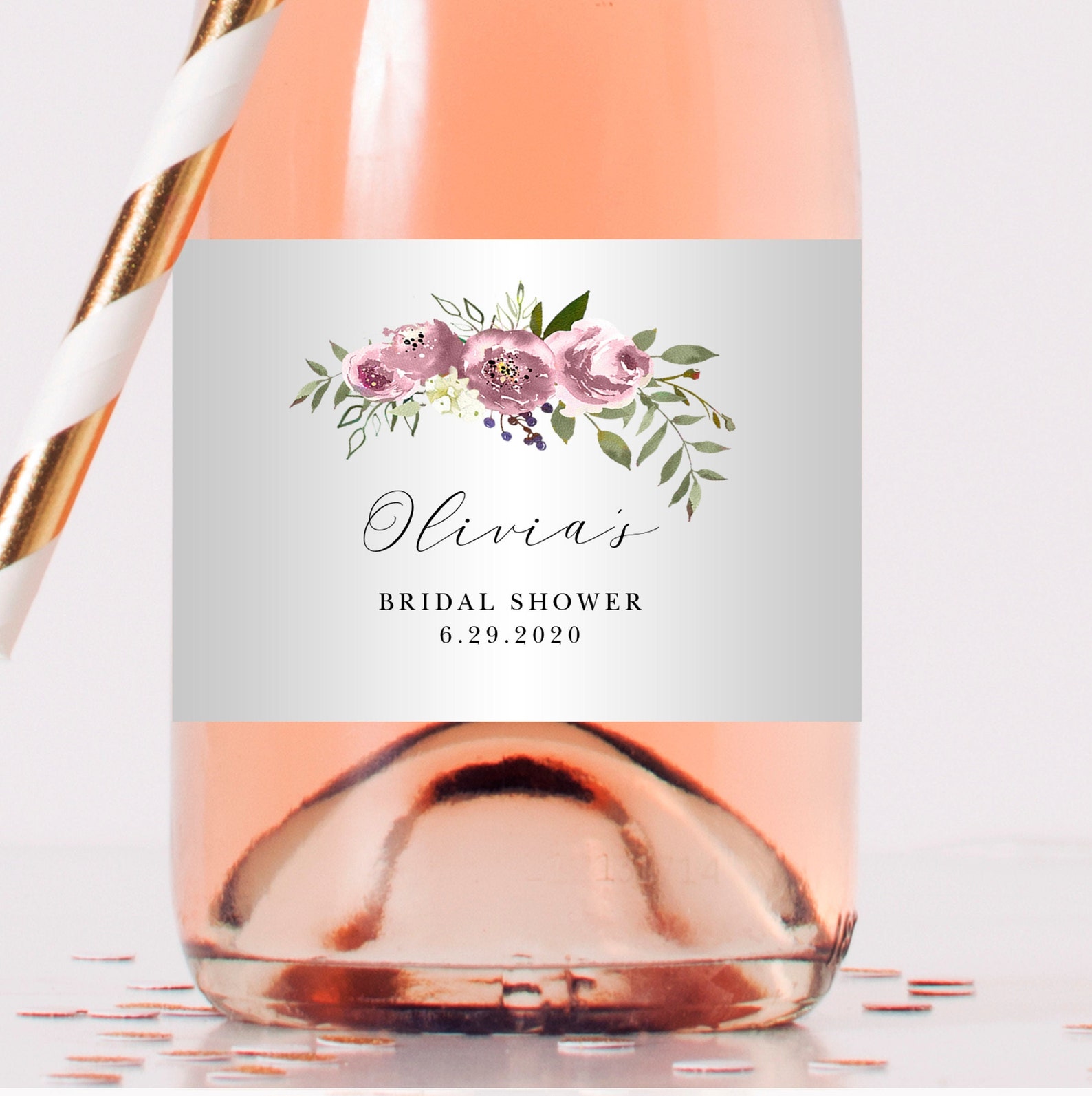 Mini Champagne Bottle Label Template, Dusty Rose Wedding Favor Sticker ...