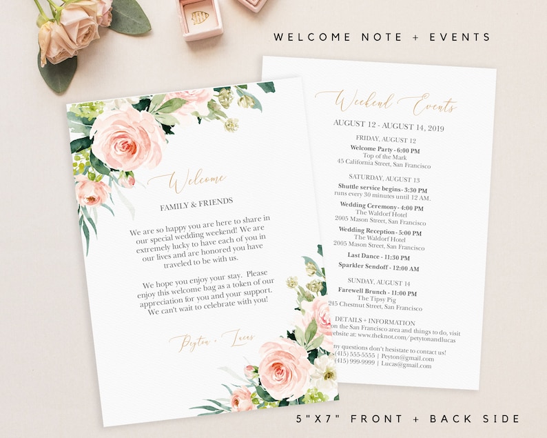 Blush Printable Wedding Itinerary Template Welcome Letter | Etsy