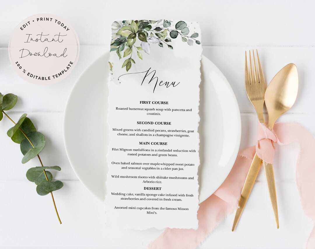 Greenery Wedding Menu Template With Eucalyptus Leaves • INSTANT ...