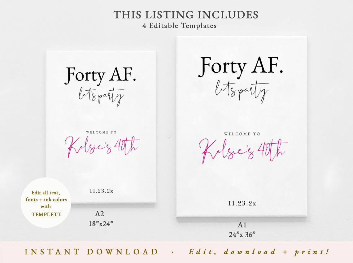 Forty AF Birthday Party Welcome Sign Template, Funny Fortieth Birthday ...