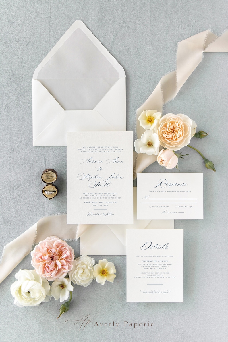 Elegant Calligraphy Wedding Invitation Template, French Blue, Aurora ...