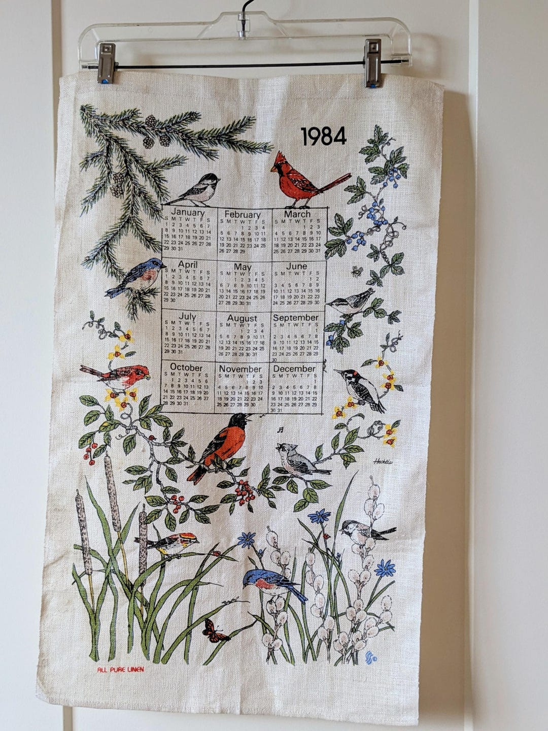 1984 Vintage Linen Calendar Tea Towel, Birds, Cardinal, Bluebird - Etsy