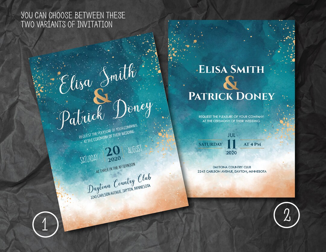 Turquoise and Gold Wedding Invitation Template Ocean and Sandy Wedding ...