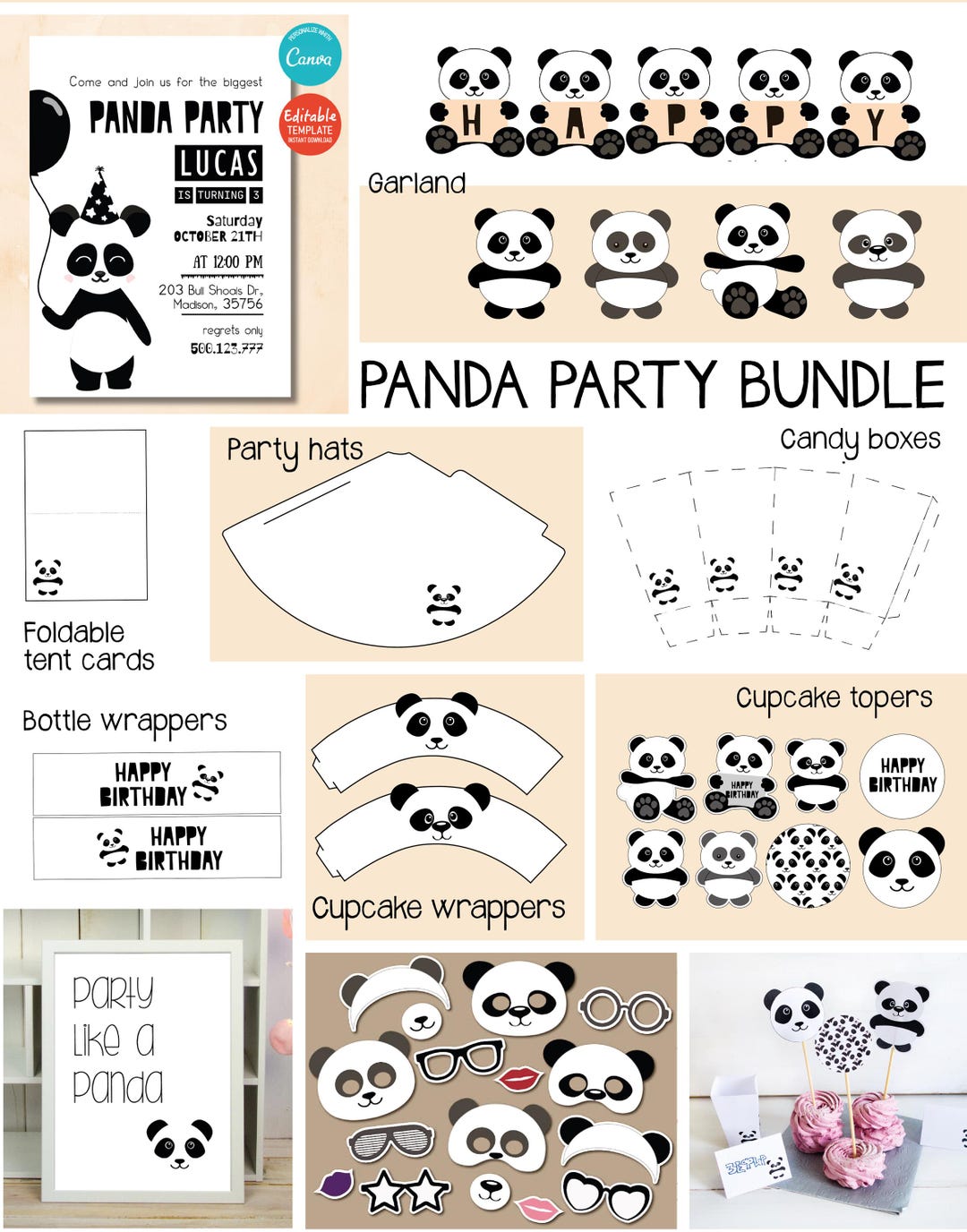 Panda Party Decorations Bundle | Kids Birthday Animal Theme (instant ...