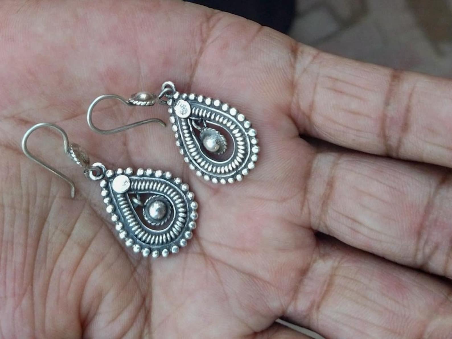 Newari Silver Teardrop Hanging Earrings Handmade in Nepal | Etsy