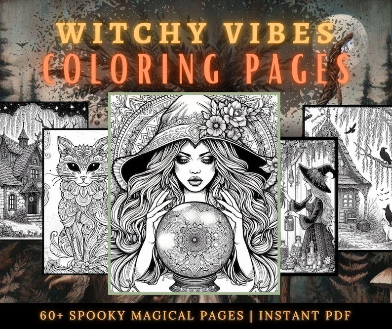 Witchy Coloring Pages for Adults: Witches, Cats, Bats, Mansions and ...