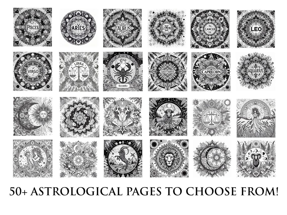 50 Zodiac Mandala Coloring Pages Relaxation & Astrological Exploration ...