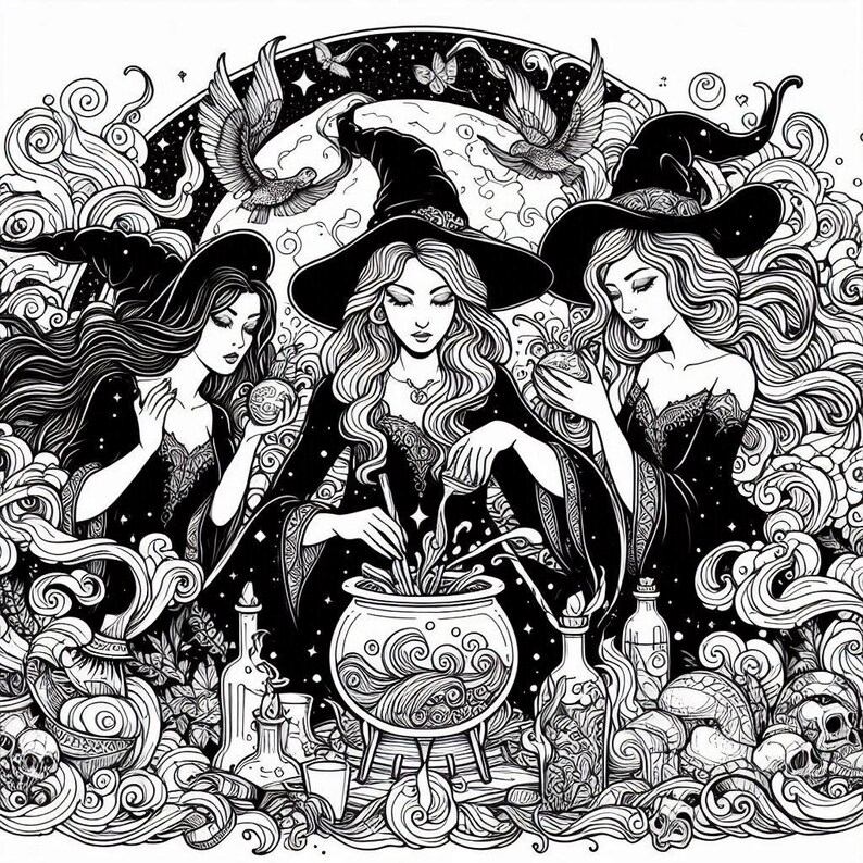 Witchy Coloring Pages for Adults: Witches, Cats, Bats, Mansions and ...