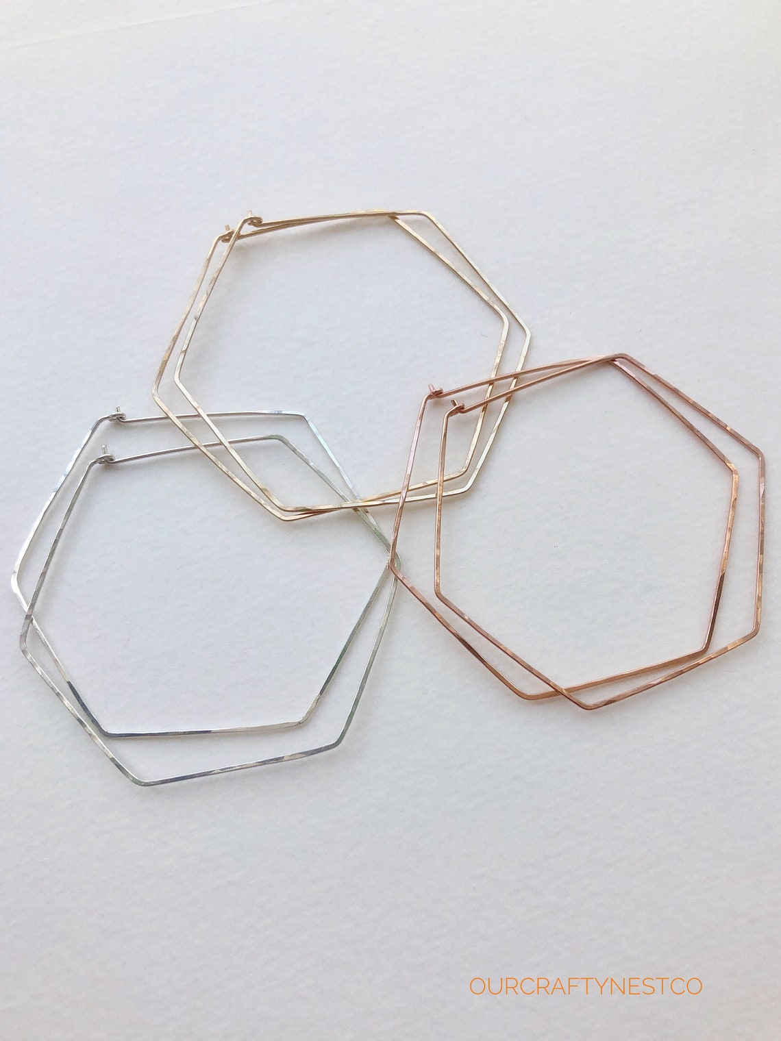 LARGE HEXAGON Hoops GOLD Hex Hoops Hammered Wire Hoop - Etsy