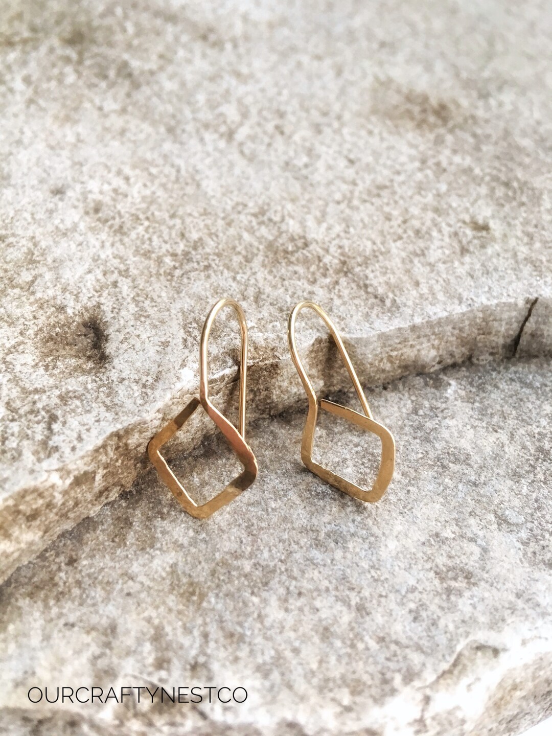 SQUARE DROP Earrings, DANGLE Earrings, Hammered Wire, 14K Gold Filled ...