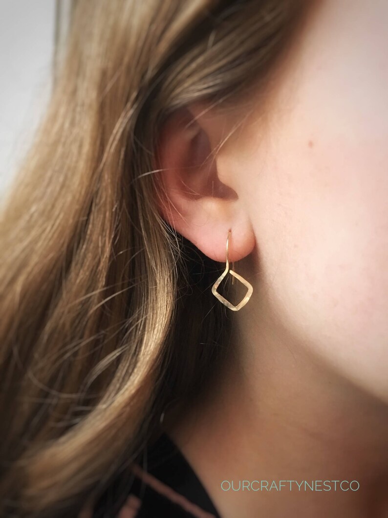 SQUARE DROP Earrings DANGLE Earrings Hammered Wire 14K Gold | Etsy