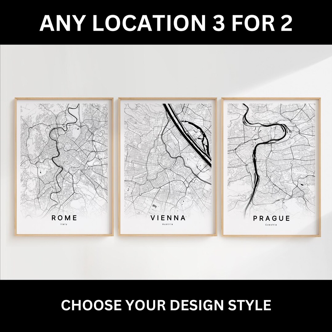 Set of 3 Custom City Maps Digital Download Personalized Map Print Any ...