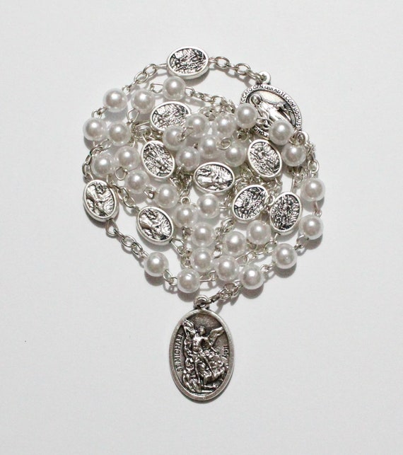 St.michael the Archangel Chaplet on Chain White Beads and St. | Etsy