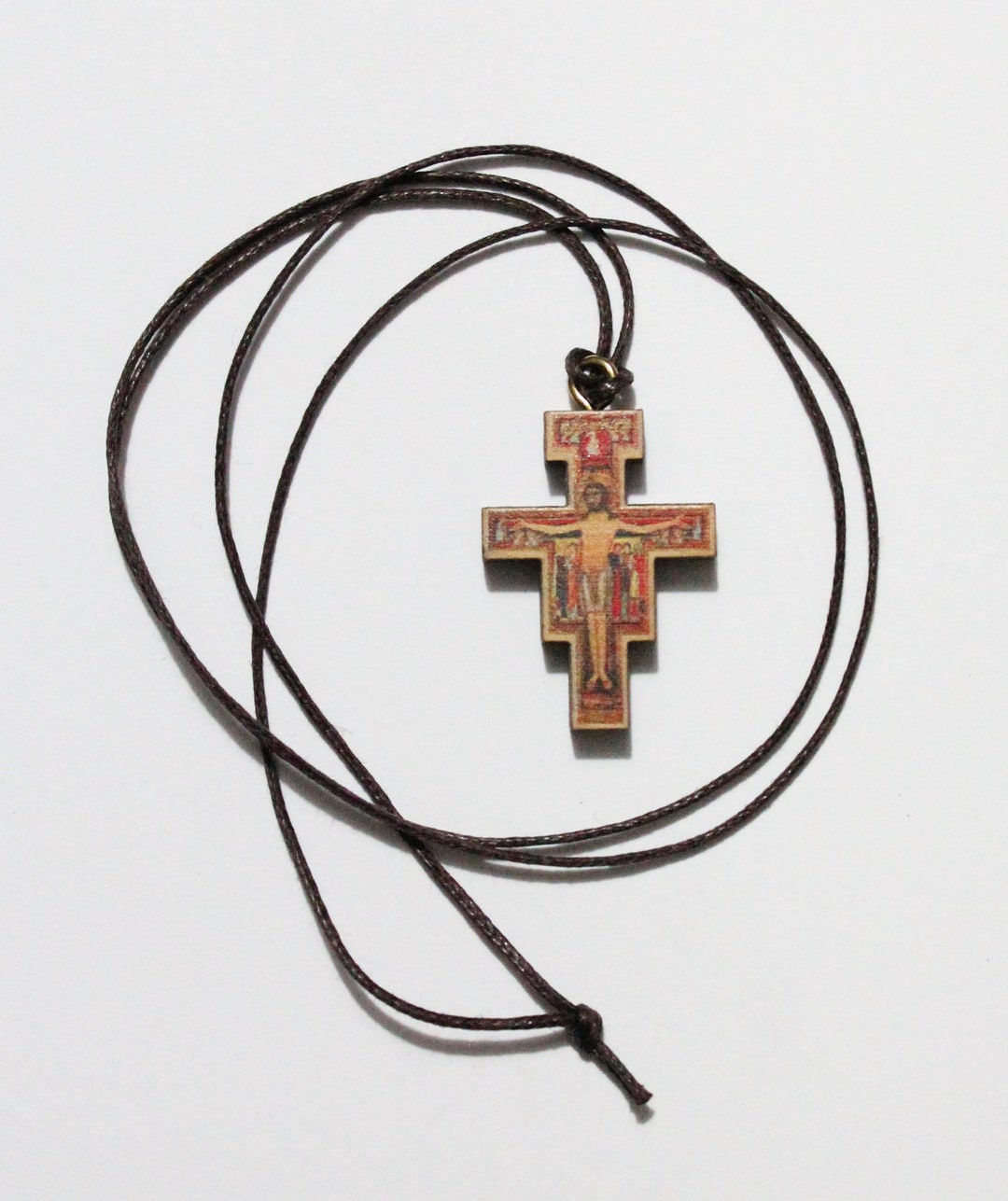 San Damiano Cross Made of Wood 1.14 Inches San Damiano on Brown Cord ...