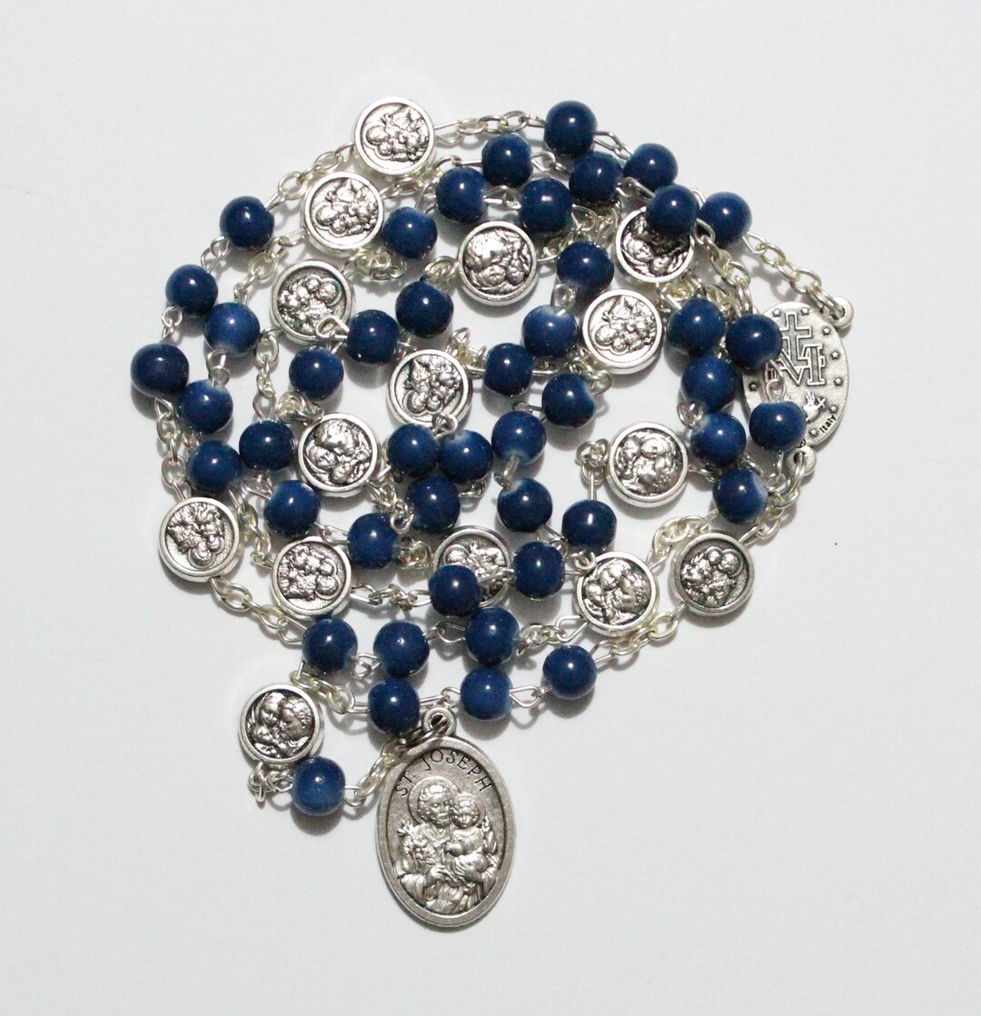 Saint Joseph Chaplet, Rosary of Saint Joseph Blue Glass Beads on Chain ...
