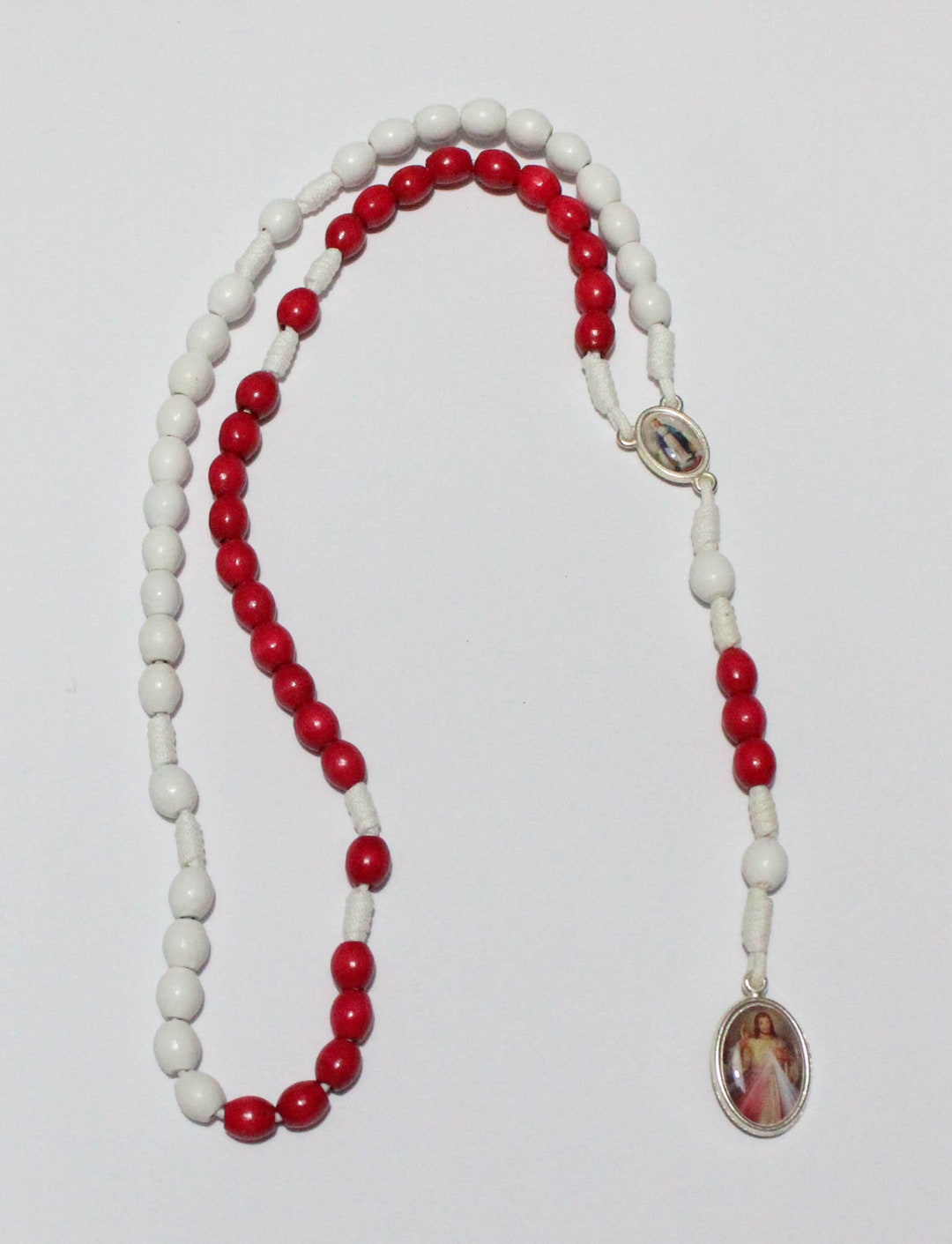 Divine Mercy Rosary, Chaplet of Divine Mercy, White and Red Wood Beads ...