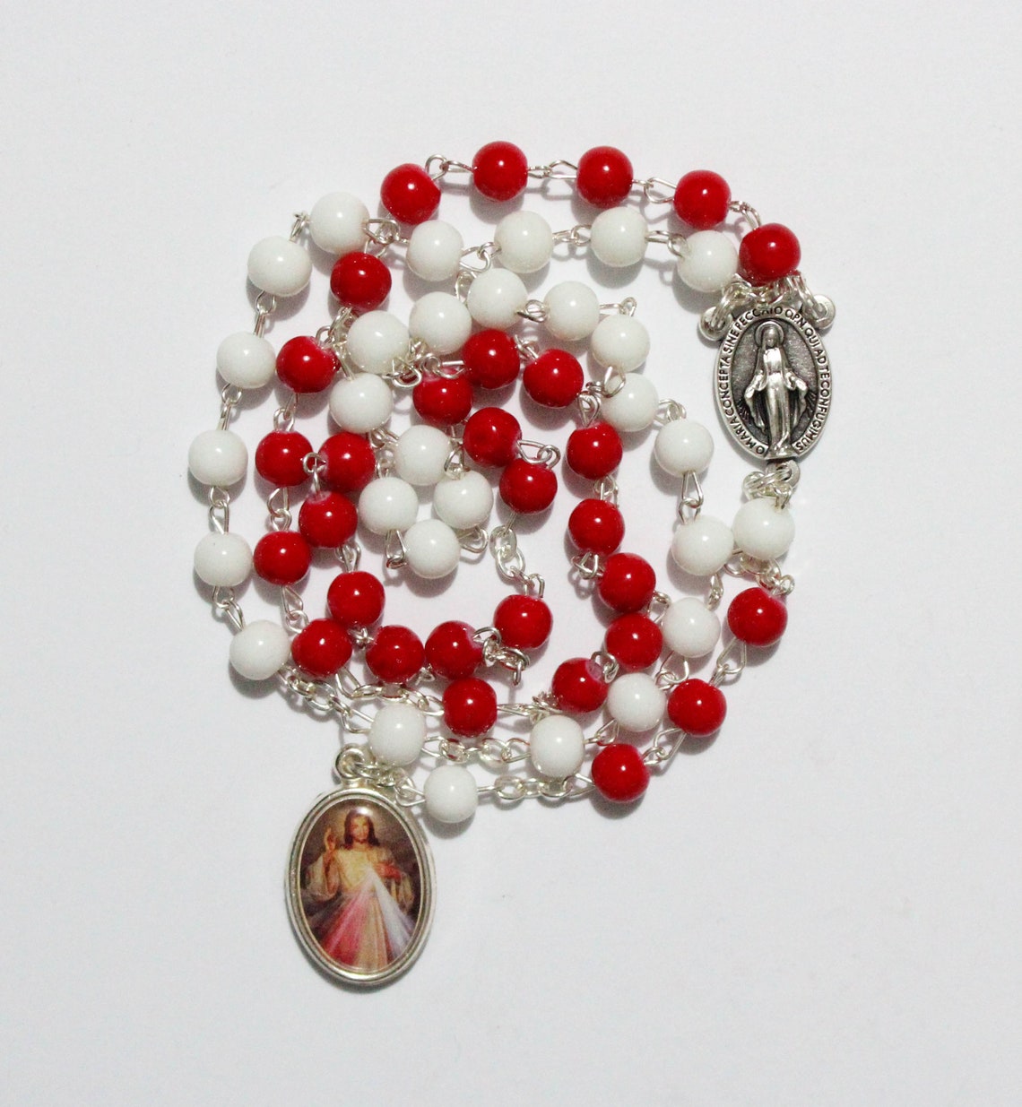 Chaplet of Divine Mercy White and Red Glass Beads on Chain | Etsy