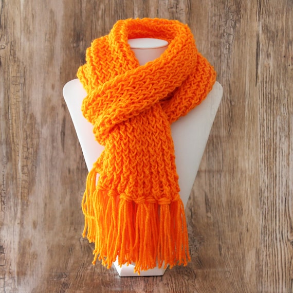 Knitted Con Amor Bright Orange Hand Knitted Scarf Knit | Etsy
