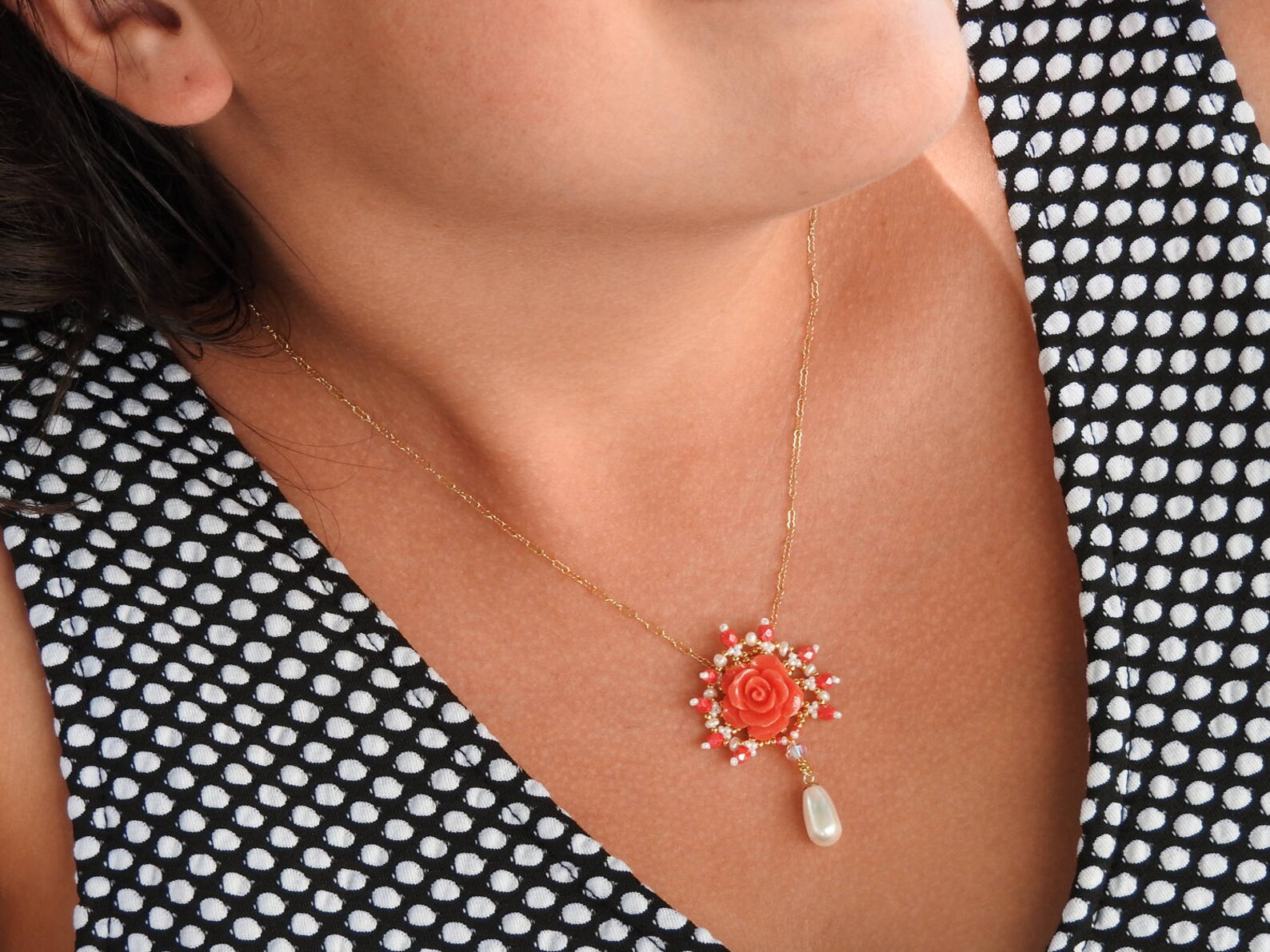 Victorian Necklace, Red Necklace, Red Flower Necklace, Romantic ...
