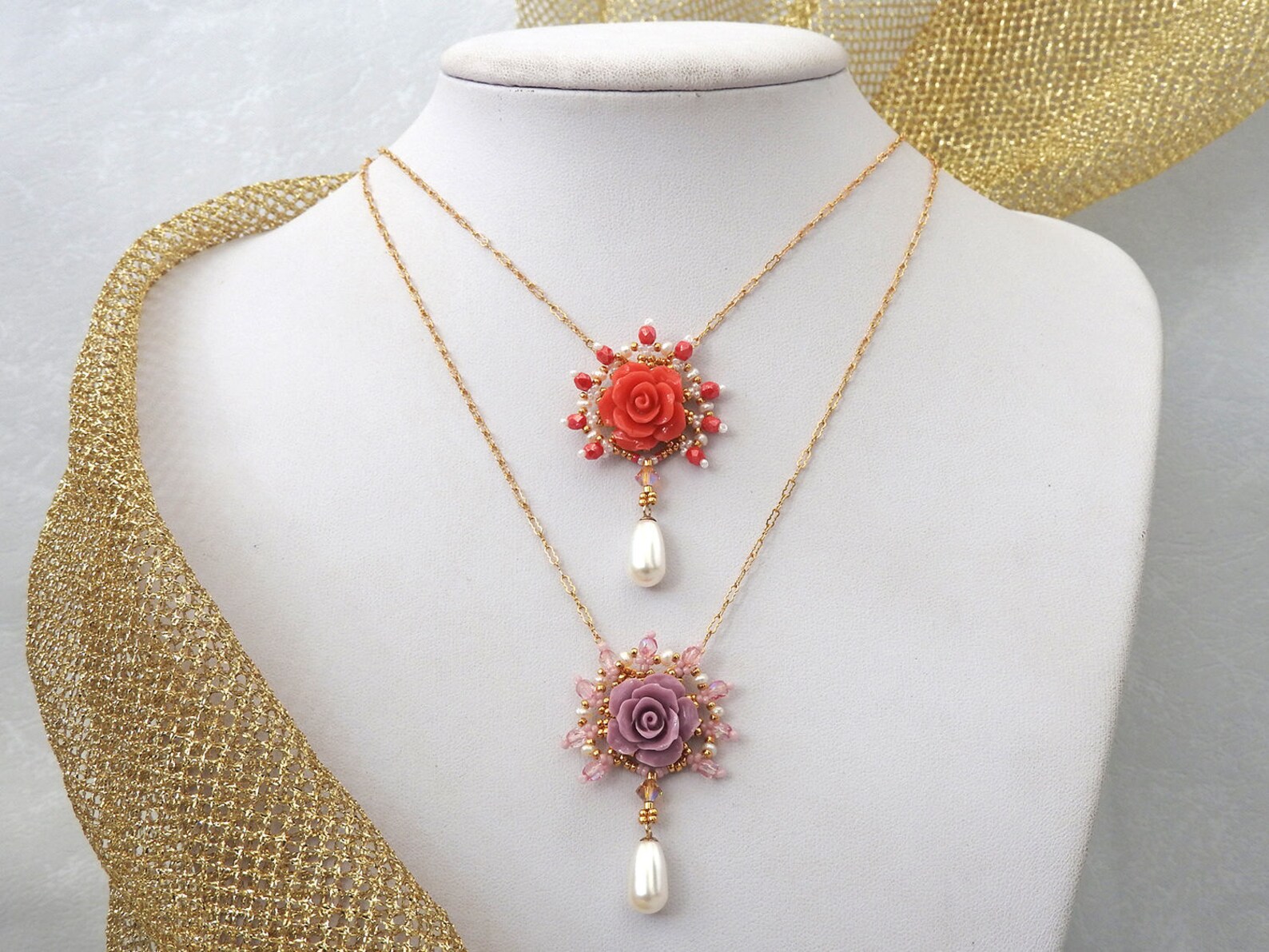 Victorian Necklace, Red Necklace, Red Flower Necklace, Romantic ...