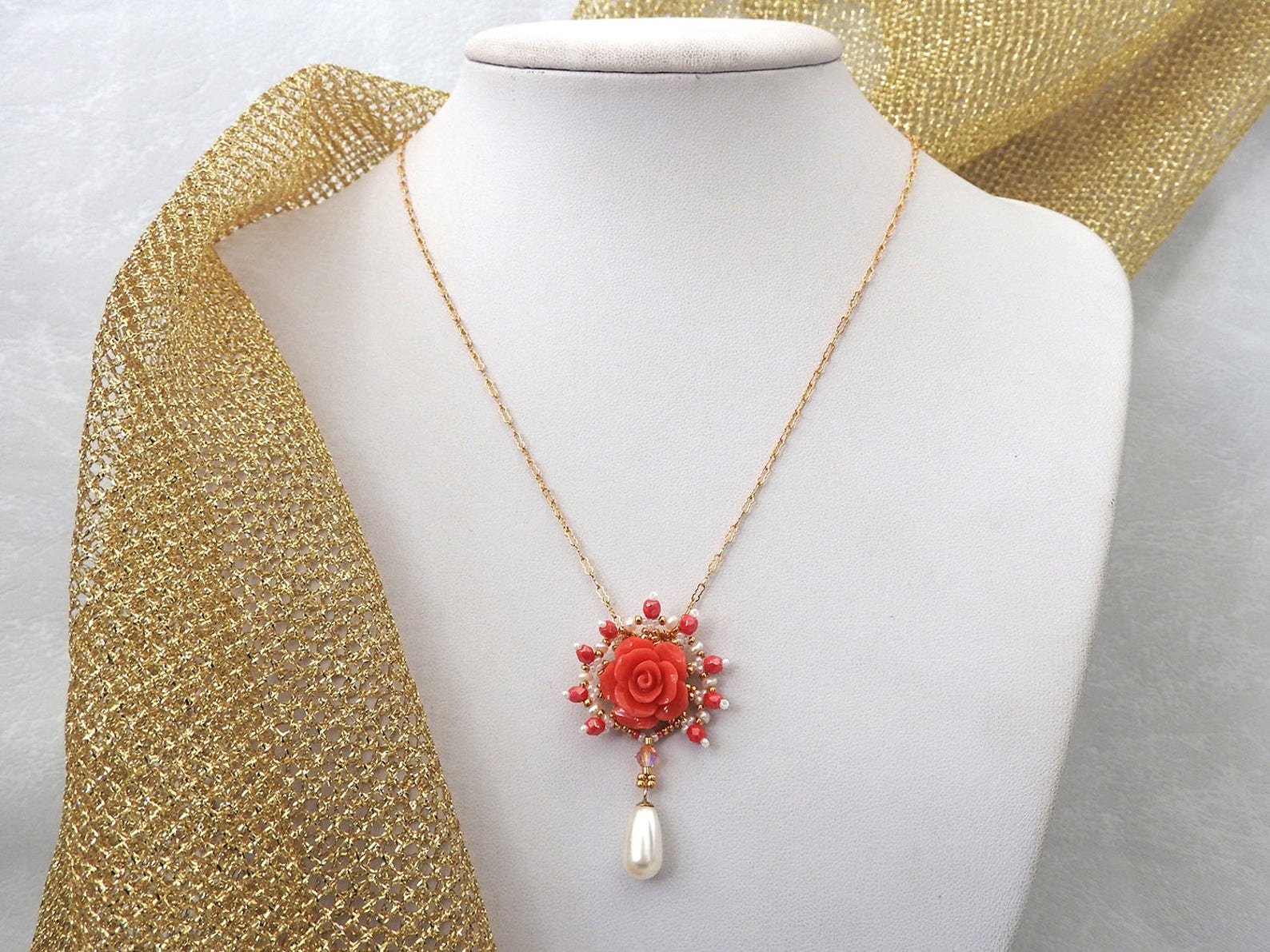 Victorian Necklace, Red Necklace, Red Flower Necklace, Romantic ...