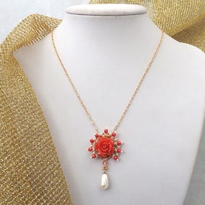 Victorian Necklace, Red Necklace, Red Flower Necklace, Romantic ...