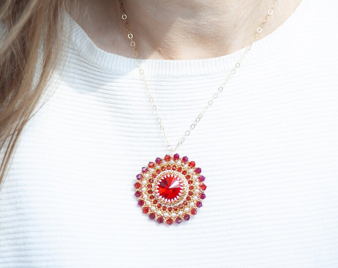 Red Pendant Necklace, Chandelier Necklace, Swarovski Crystal Necklace ...