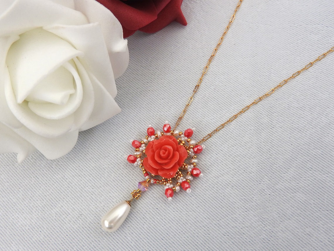 Victorian Necklace, Red Necklace, Red Flower Necklace, Romantic ...