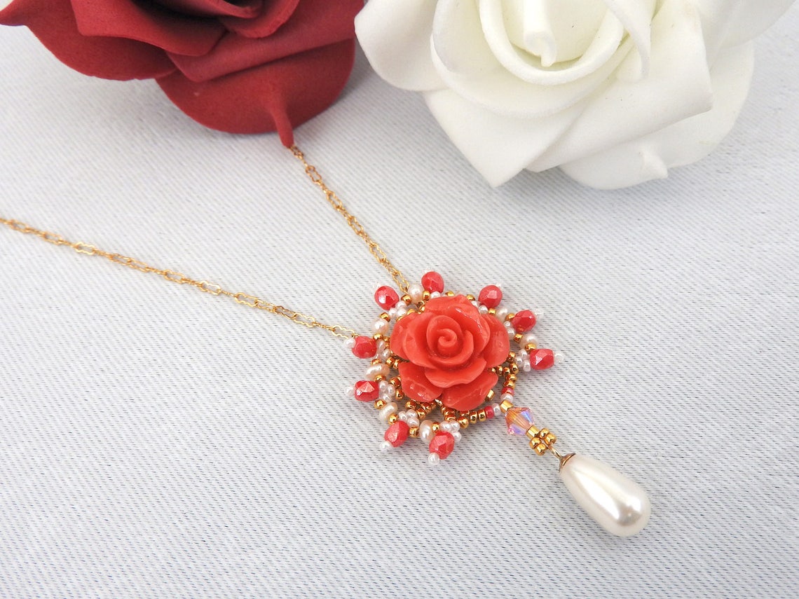 Victorian Necklace, Red Necklace, Red Flower Necklace, Romantic ...
