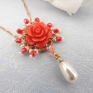 Victorian Necklace, Red Necklace, Red Flower Necklace, Romantic ...