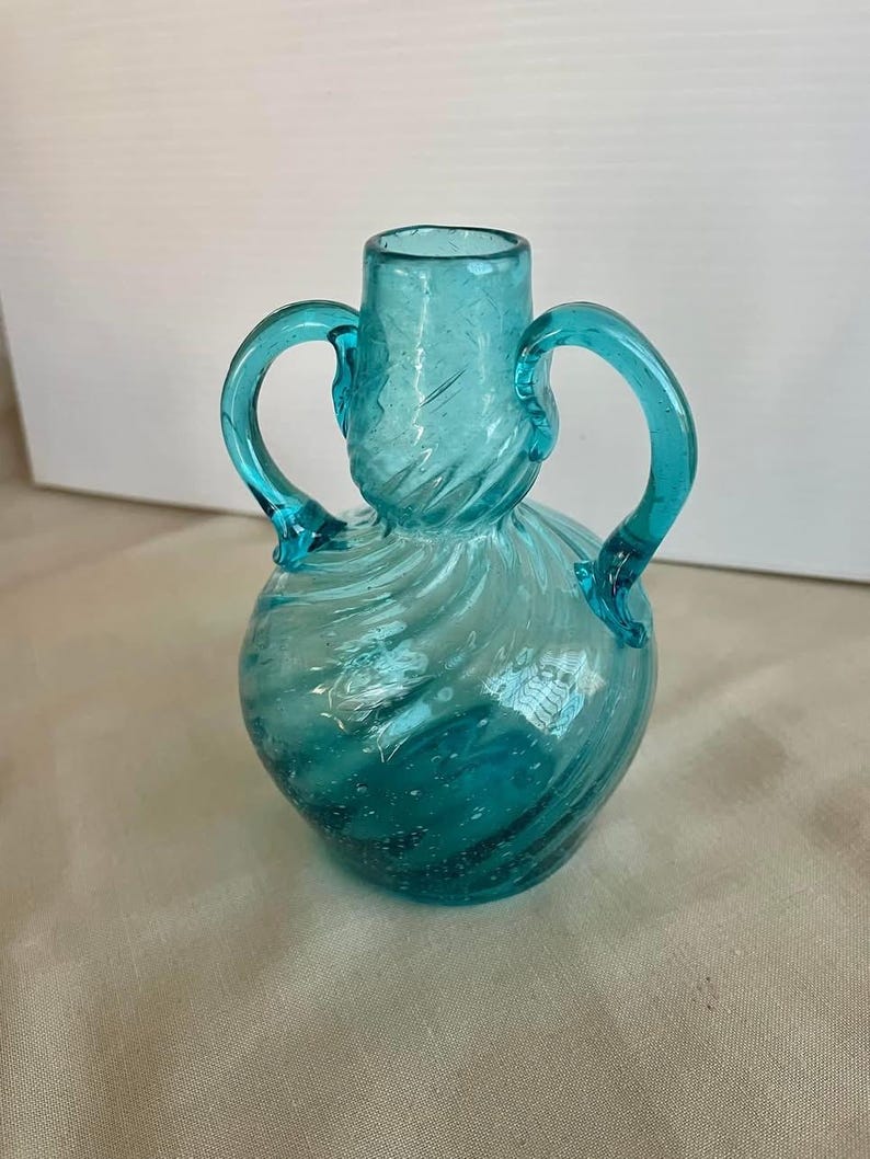 Vintage Turquoise Hand Blown Glass Double Handle Jug Vase - Etsy