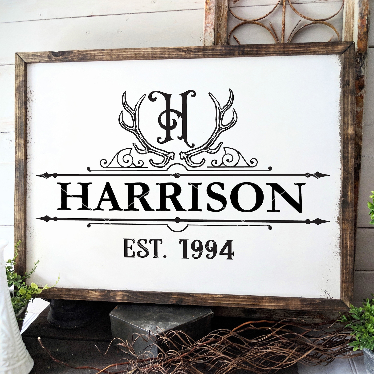 Vintage Antler Monogram Est Date SVG File - Customizable Last Name SVG ...