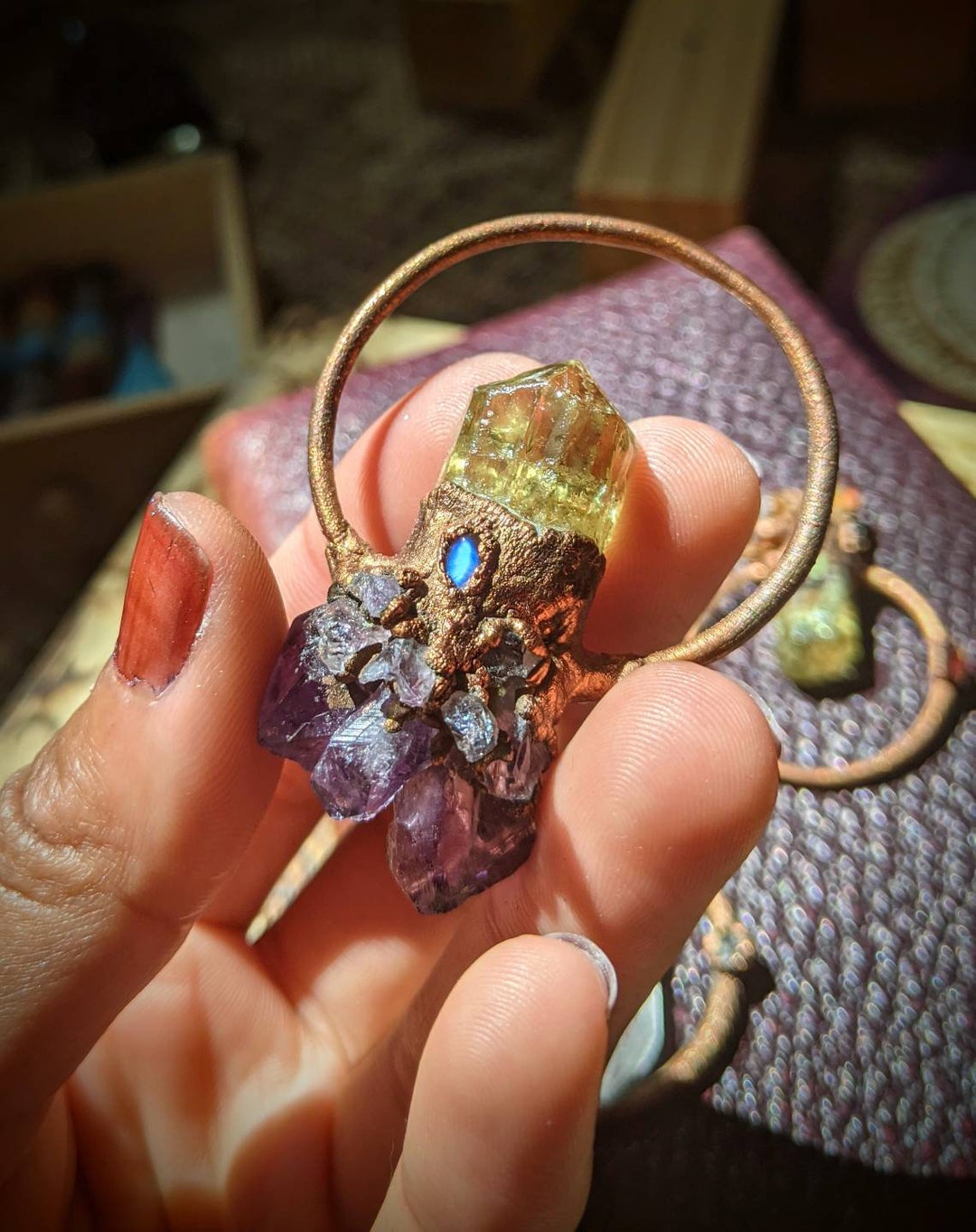 Quasar Crystal Cluster-electroformed Copper Pendant Golden Yellow ...