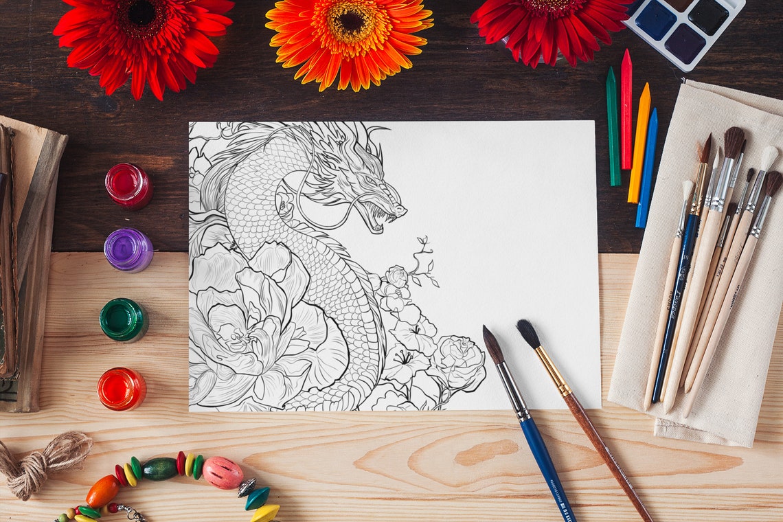 BOSOZOKU Coloring Book Page Chinese Dragon Digital Download Print Wall ...