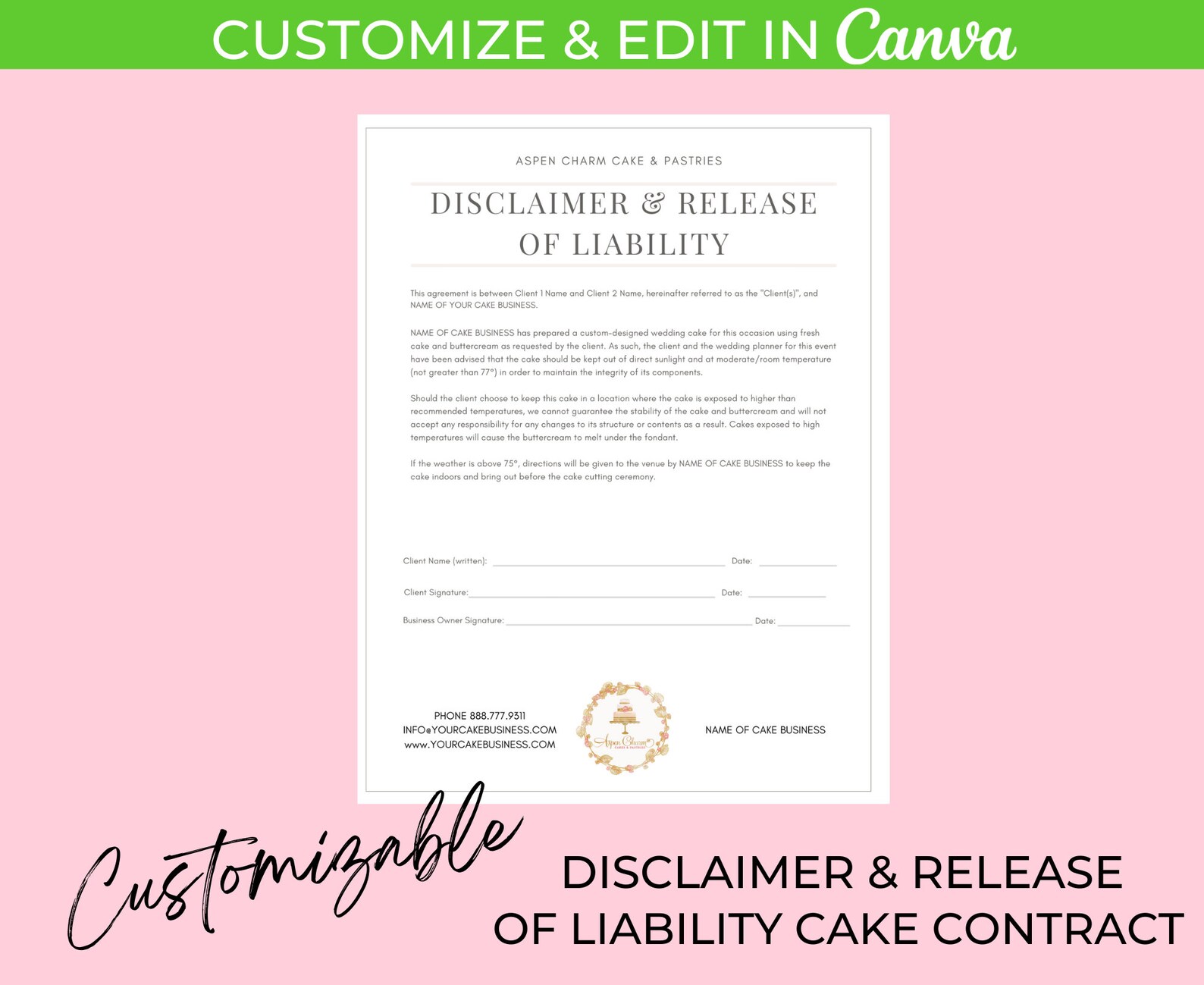 Cake Disclaimer & Release of Liability Contract Template. - Etsy