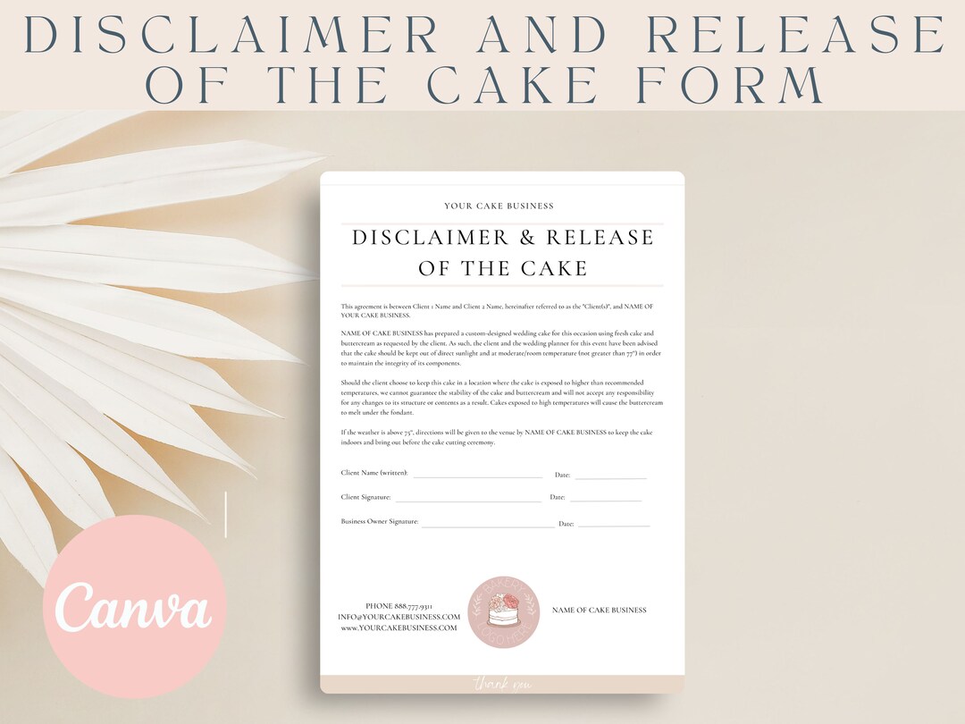 Cake Disclaimer & Release of Liability Contract Template Canva Editable ...