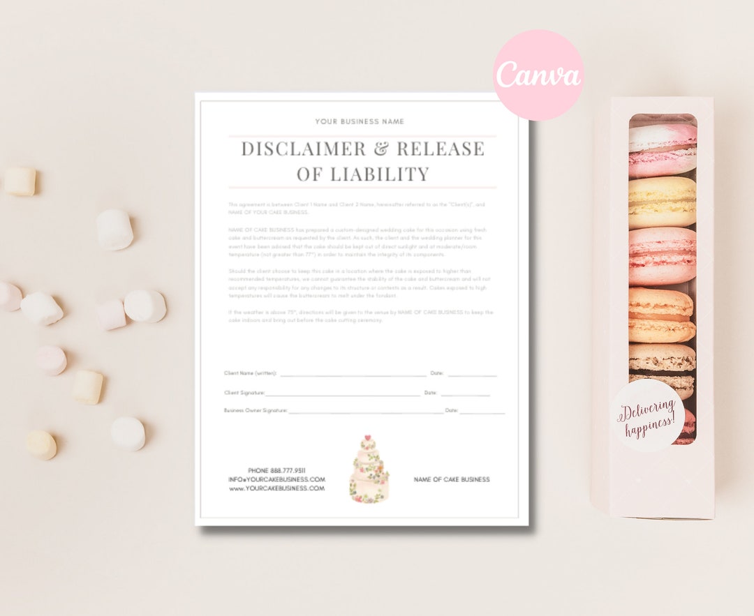 Cake Disclaimer & Release of Liability Contract Template. - Etsy
