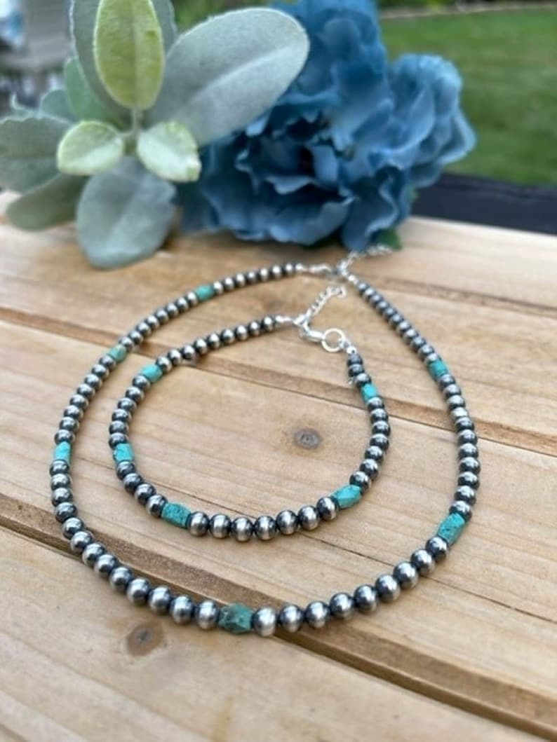 Navajo Pearls and Turquoise Necklace and Bracelet Set. Real Sterling Silver Beads and Genuine ...