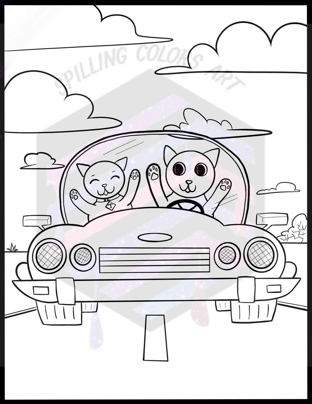 Theo the Cat and Friend Go for a Drive Coloring Page - Etsy