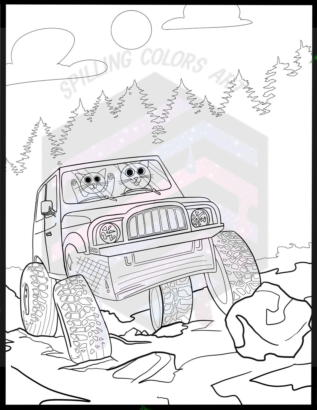 Theo the Cat and Friend Go Jeeping Coloring Page - Etsy